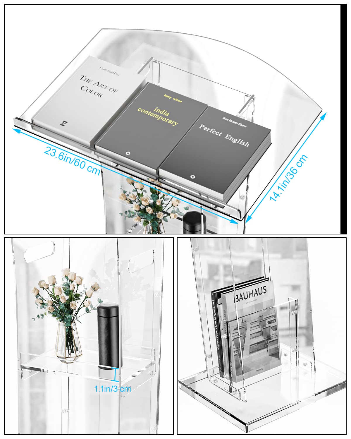 KSacry Acrylic Clear Podium Stand with Storage Shelf,Plexiglass Pulpits for Churches,Conference,Speeches,Weddings,Classroom,Professional Presentation Podiums (23.6" L X 17.7" W X 47" H, Transparent)