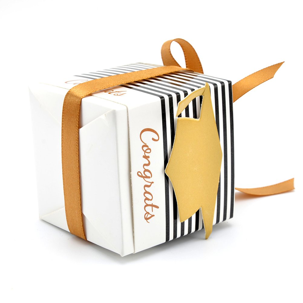 JANOU Graduation Gift Paper Candy Boxes DIY Congrats Cap Stripes Cardboard Sweet Boxes with Ribbons for Graduation Ceremony Party Favors Pack 24pcs