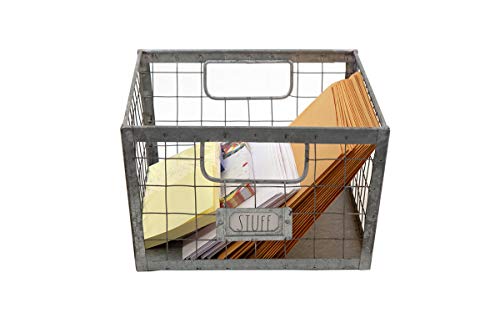 Rae Dunn Wire Storage Basket – Galvanized Steel and Solid Wood Organizer – Decorative Folder Bin with Two Handles and Label Slot - for Office, Bedroom, Living Room, Closet and More
