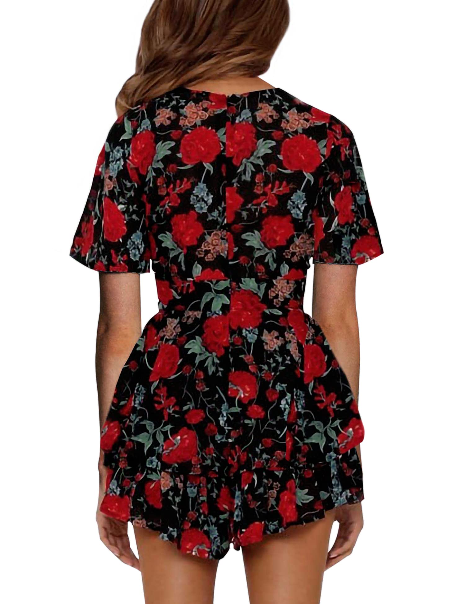 AIMCOO Women's Floral Print Deep V-Neck Romper Double Layer Ruffle Hem Jumpsuits Short Flare Sleeves Waist Tie Short Rompers