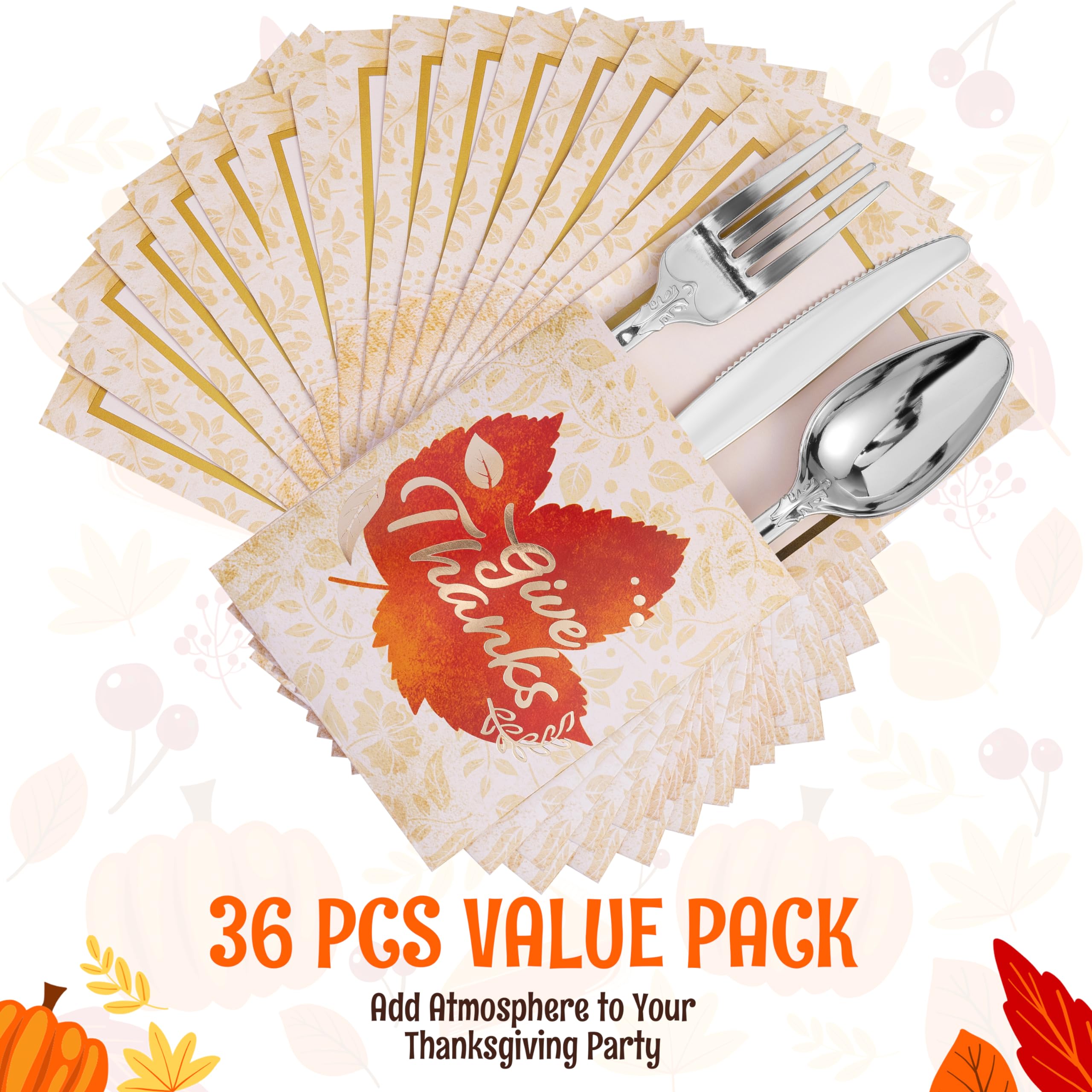 JOYIN 36 Thanksgiving Turkey Cutlery Decorative Gold Foil Utensil Holders for Autumn Fall Harvest Party Favor Supply Dinner Table Decor.