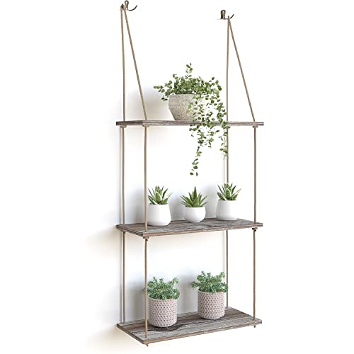 J JACKCUBE DESIGN Rustic Wood Hanging Shelves Set of 3 Farmhouse Bohemian Room Décor Floating Rope Display Shelf Plant Holder for Living Room Bedroom Kitchen Rope Shelves -MK555AAA