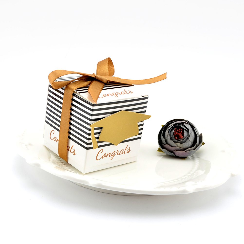 JANOU Graduation Gift Paper Candy Boxes DIY Congrats Cap Stripes Cardboard Sweet Boxes with Ribbons for Graduation Ceremony Party Favors Pack 24pcs