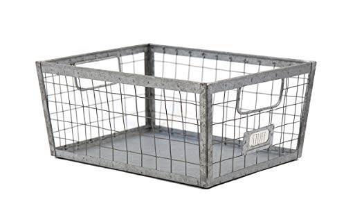 Rae Dunn Wire Storage Basket – Galvanized Steel and Solid Wood Organizer – Decorative Folder Bin with Two Handles and Label Slot - for Office, Bedroom, Living Room, Closet and More