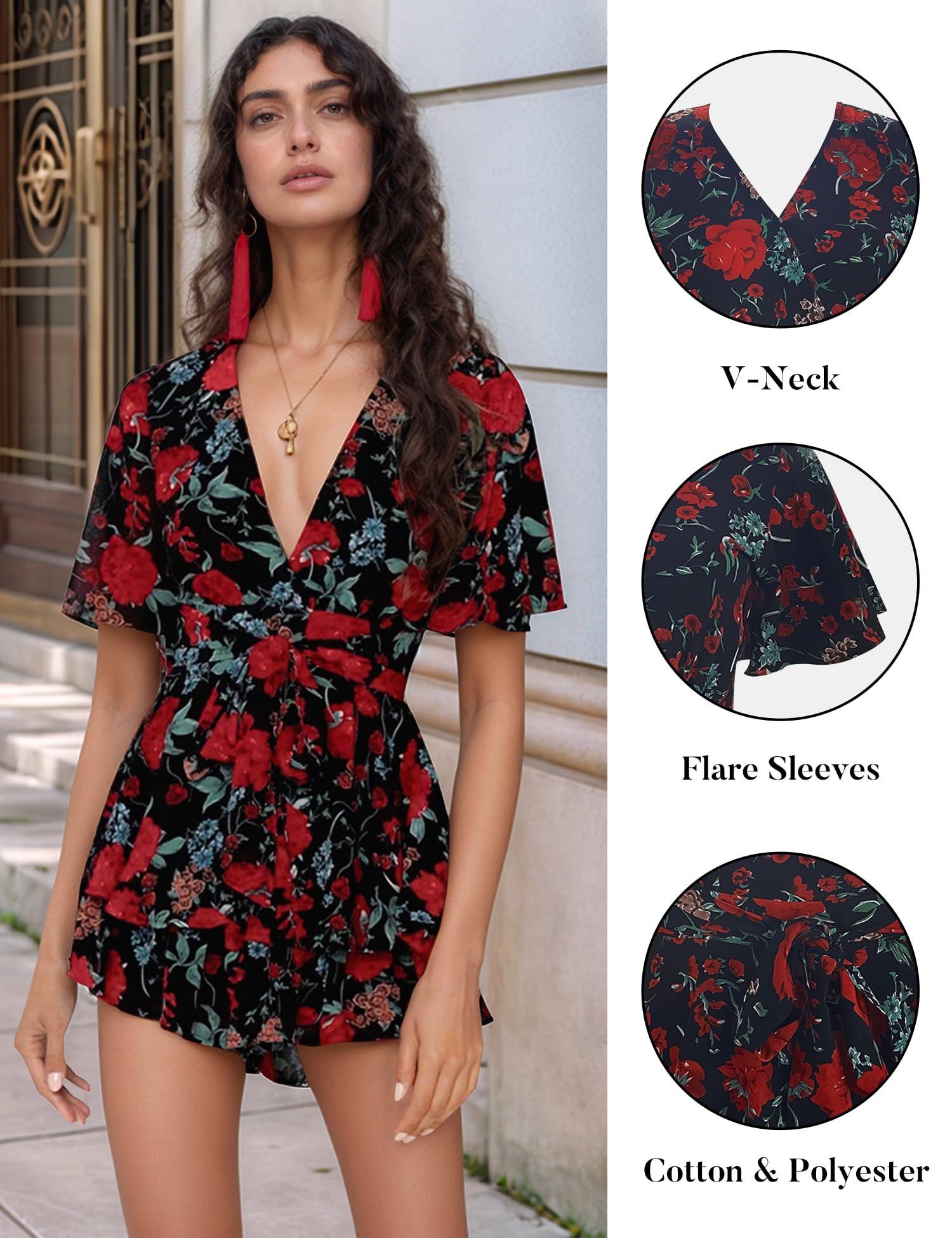 AIMCOO Women's Floral Print Deep V-Neck Romper Double Layer Ruffle Hem Jumpsuits Short Flare Sleeves Waist Tie Short Rompers