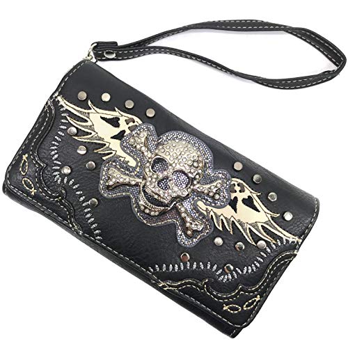 Zelris Skull Crossbones Angel Wings Heart Women Crossbody Trifold Wallet (Black)