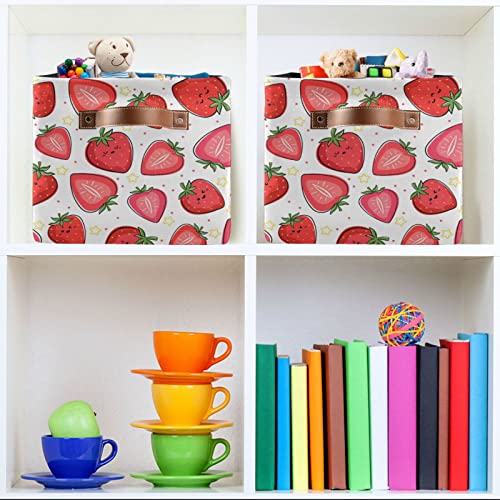 ALAZA Strawberry Star Polka Dots Large Storage Baskets with Handles Foldable Decorative 2 Pack Storage Bins Boxes for Organizing Living Room Shelves Office Closet Clothes
