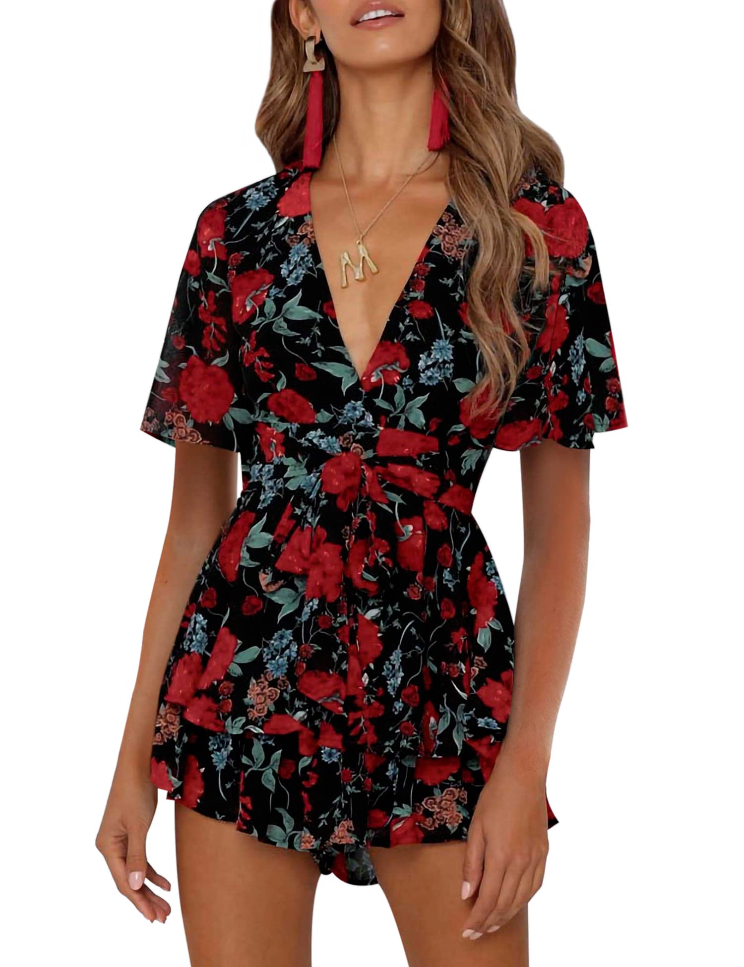 AIMCOO Women's Floral Print Deep V-Neck Romper Double Layer Ruffle Hem Jumpsuits Short Flare Sleeves Waist Tie Short Rompers