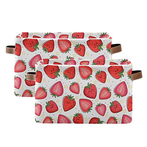 ALAZA Strawberry Star Polka Dots Large Storage Baskets with Handles Foldable Decorative 2 Pack Storage Bins Boxes for Organizing Living Room Shelves Office Closet Clothes