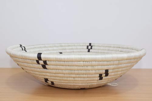 Large Hand Woven African Basket - 12 Inches Sisal & Sweetgrass Basket - Woven Bowl - Handmade in Rwanda, Cotton White, Black, RB209