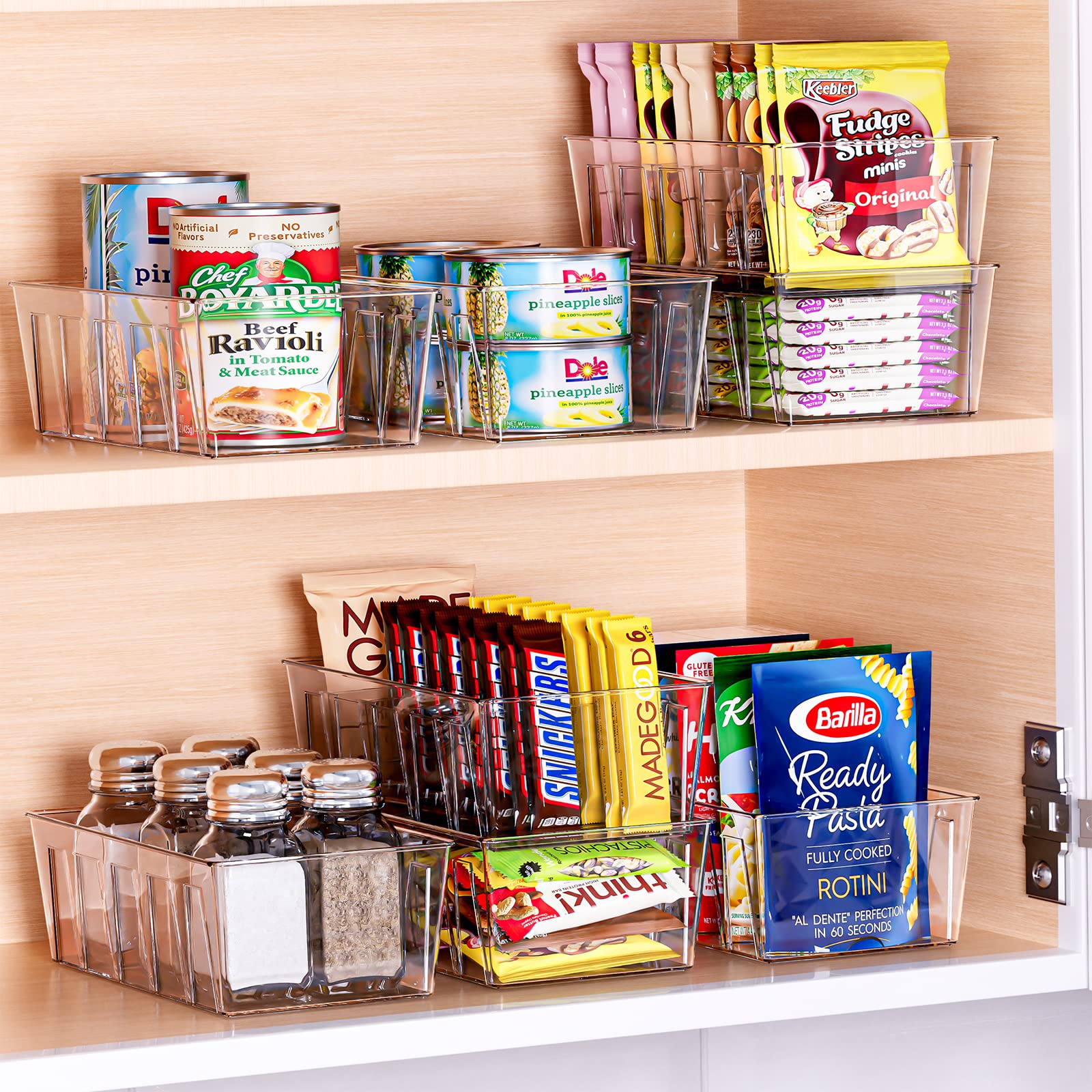Puricon 4 Pack Pantry Organization and Storage Bins for Kitchen Fridge Countertop Cabinet, Stackable Clear Plastic Storage Containers with Removable Dividers, 5 Compartments for Food Snacks Spices