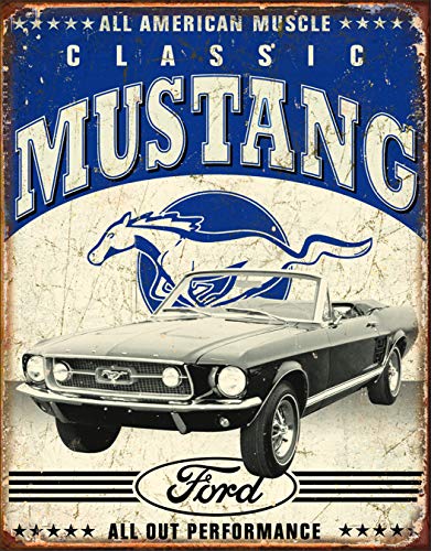 Desperate Enterprises Classic Ford Mustang Tin Sign - Nostalgic Vintage Metal Wall Decor - Made in USA - 12.5" W x 16" H