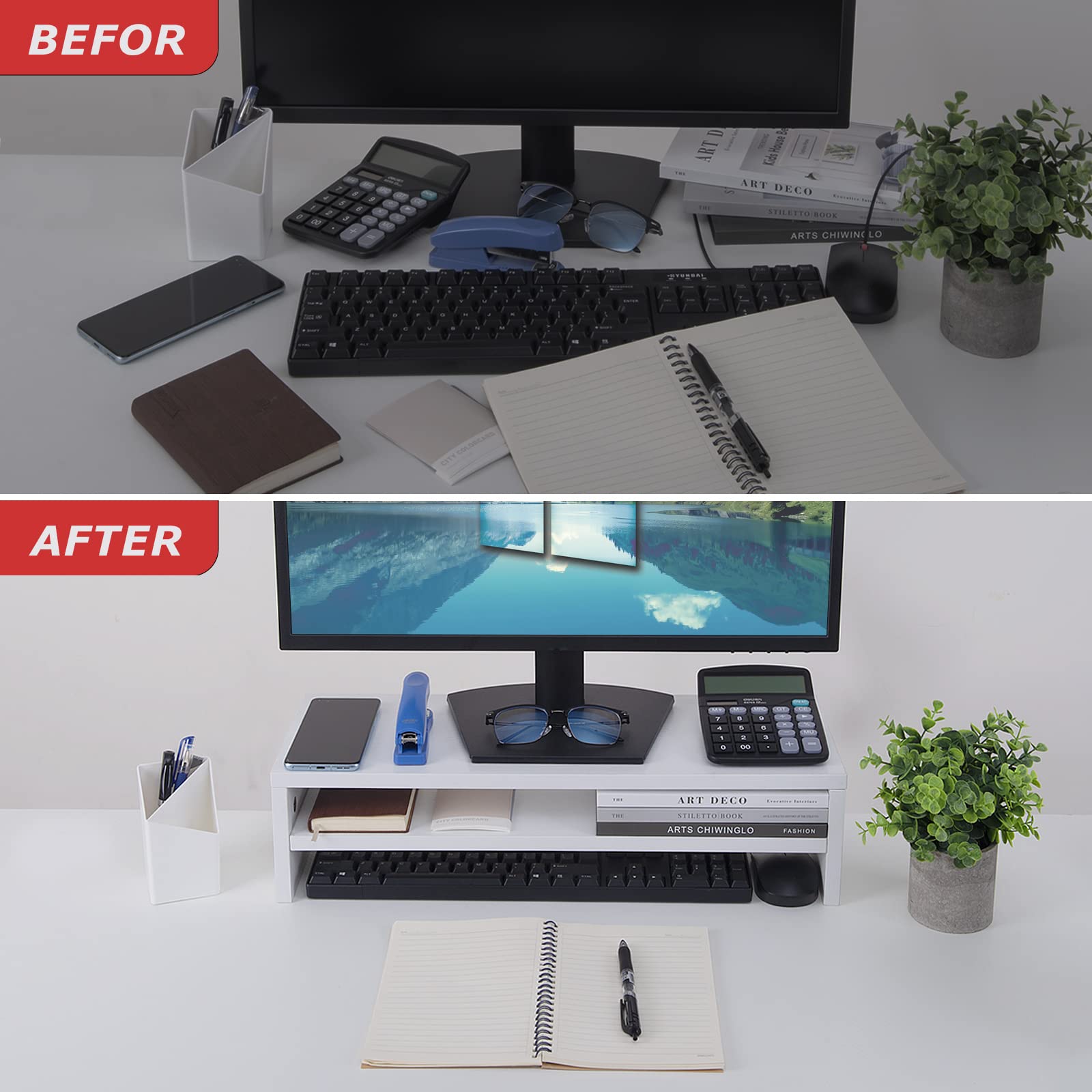 BEYGORM Monitor Stand Riser, 2 Tiers Screen Stand for Laptop Computer/TV/PC/Printer, Multifunctional Desktop Organizer 21.6L x 7.8" W x 5.2" H (White)