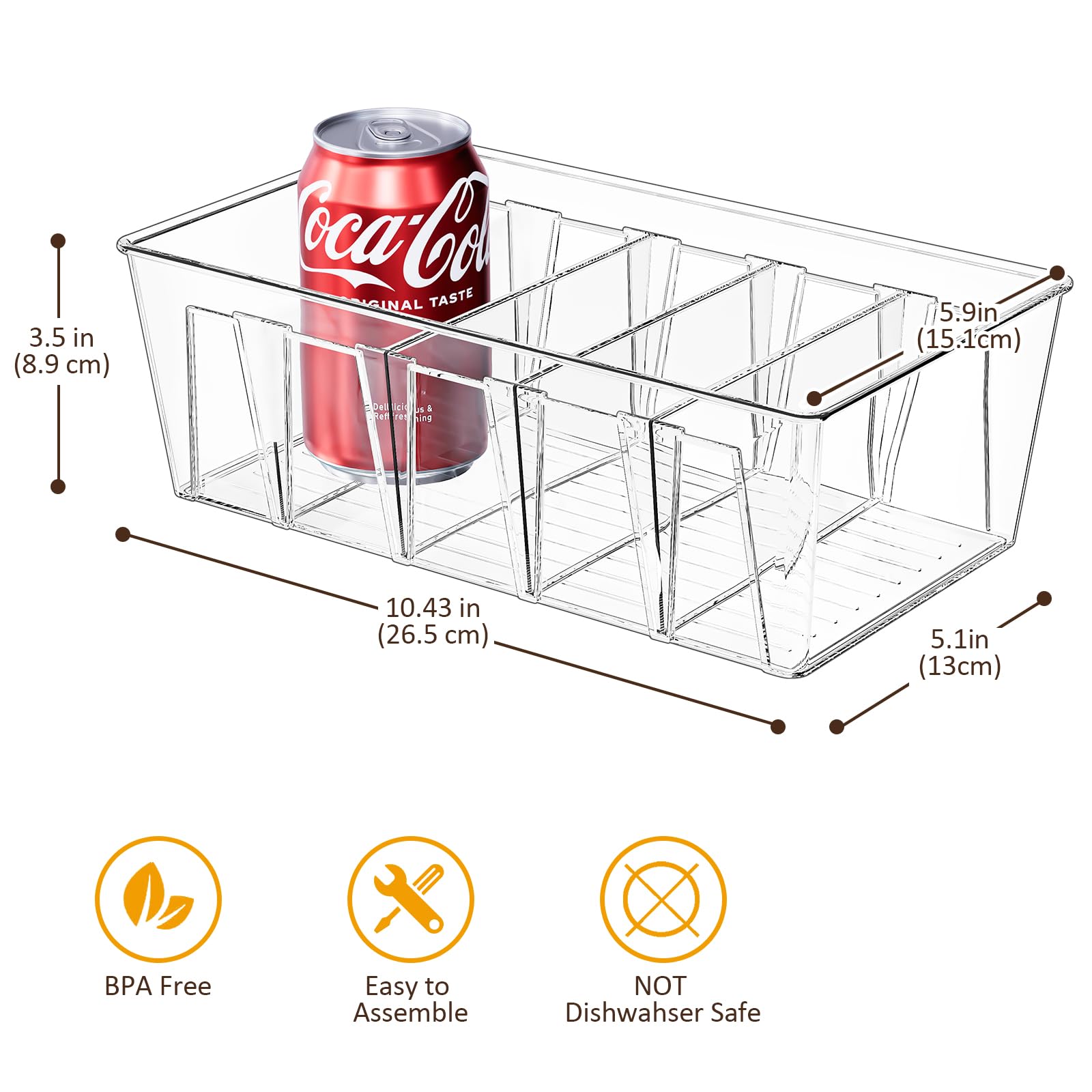 Puricon 4 Pack Pantry Organization and Storage Bins for Kitchen Fridge Countertop Cabinet, Stackable Clear Plastic Storage Containers with Removable Dividers, 5 Compartments for Food Snacks Spices