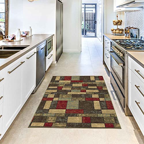 Machine Washable Boxes Design Non-Slip Rubberback 3x5 Traditional Area Rug for Living Room, Bedroom, Kitchen, 3'3" x 5', Multicolor