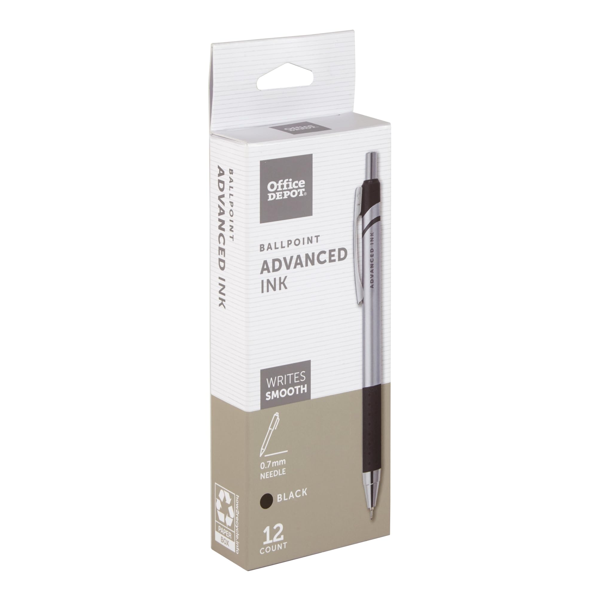 Office Depot Advanced Ink Retractable Ballpoint Pens, Needle Point, 0.7 mm, Silver Barrel, Black Ink, Pack Of 12