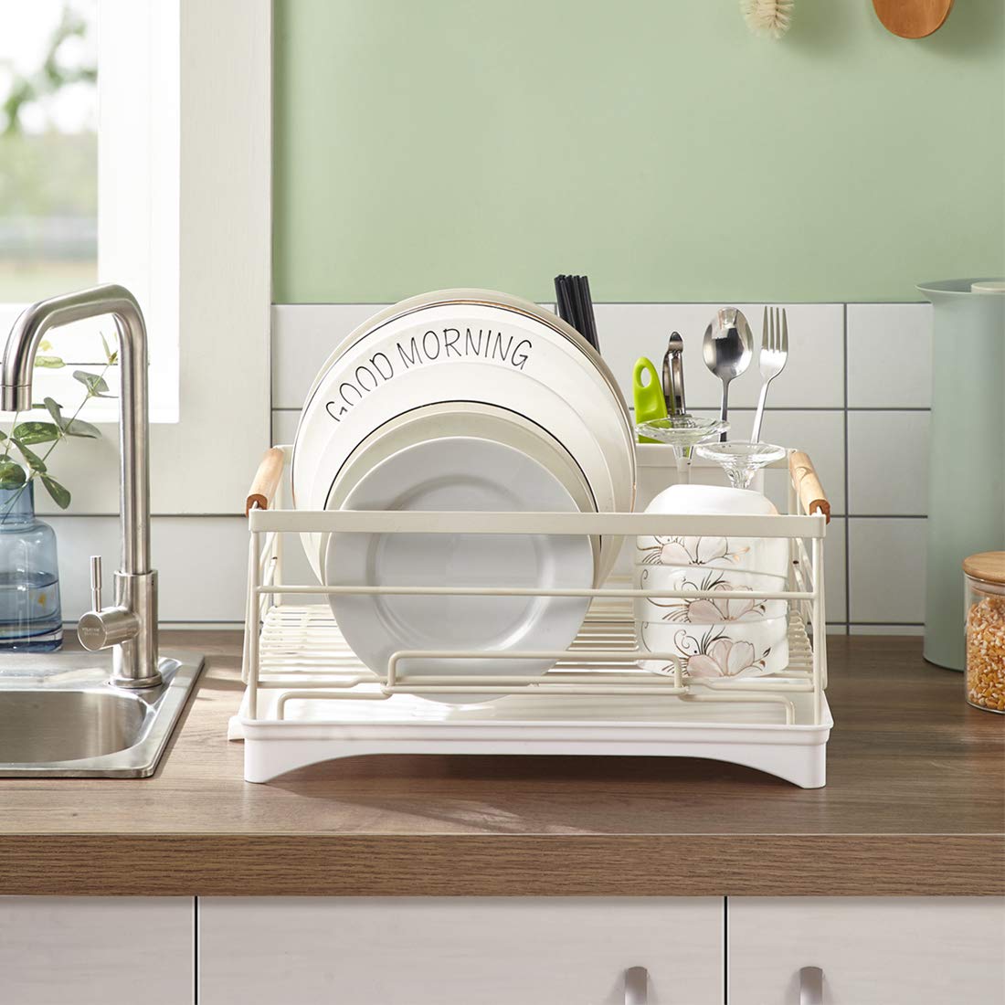 HengLiSam Kitchen Dish Drainer, Dish Rack Dish Drying Rack with Full-Mesh Storage Basket (White)