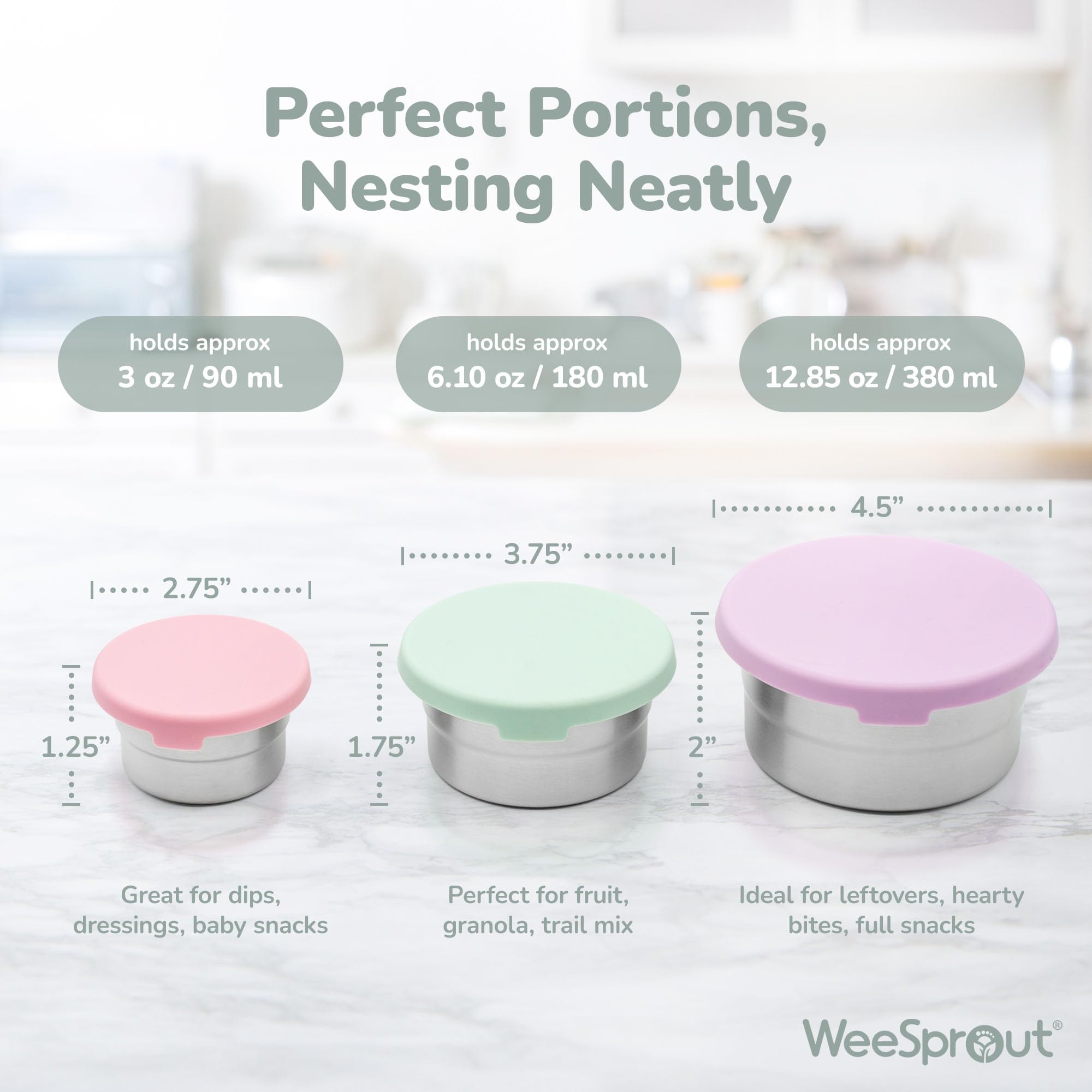 WeeSprout 18/8 Stainless Steel Food Storage Containers - Set of 3 Metal Food Storage Containers (150 ml, 200 ml, 400 ml), Leakproof Silicone Lids, Easy to Open, Durable, for Snacks, Lunches, Sauces