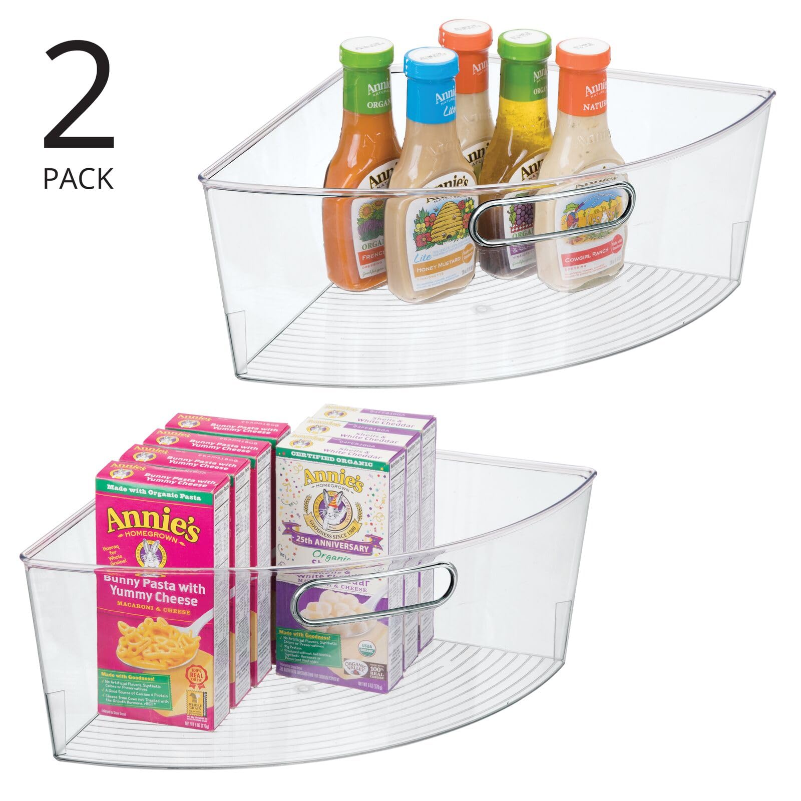 mDesign Kitchen Cabinet Plastic Lazy Susan Storage Turntable Organizer Bins with Built-In Handle - Large Triangle Corner Dividers for Pantry or Cabinets - 1/4 Wedge, 6" Deep Container - 2 Pack - Clear