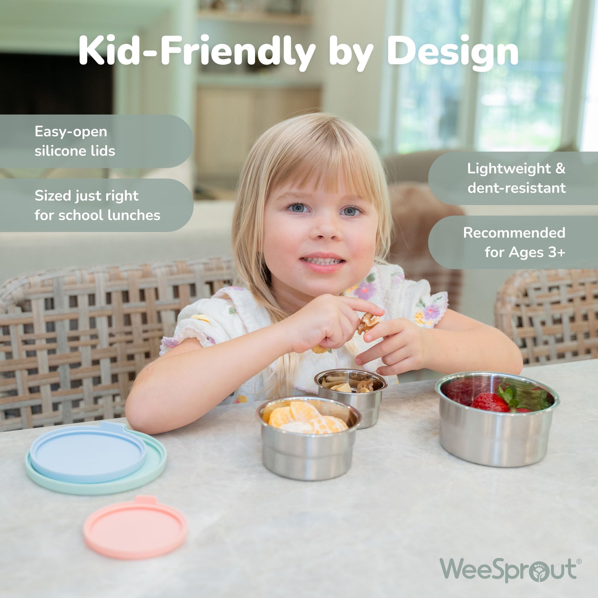 WeeSprout 18/8 Stainless Steel Food Storage Containers - Set of 3 Metal Food Storage Containers (150 ml, 200 ml, 400 ml), Leakproof Silicone Lids, Easy to Open, Durable, for Snacks, Lunches, Sauces