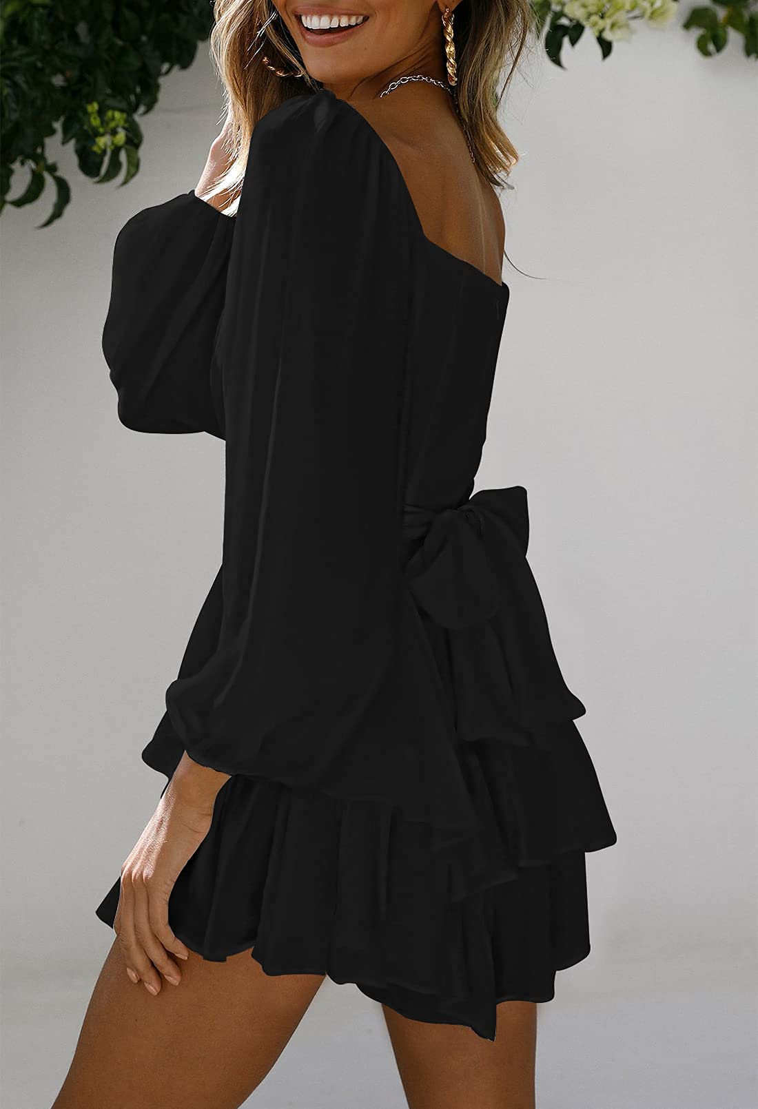 Fixmatti Womens Lantern Long Sleeve Shorts Romper Tie Waist Chiffon One Piece Outfits Solid Jumpsuit Black M