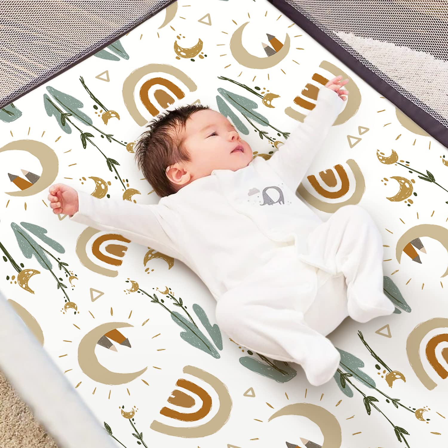 GRSSDER Stretchy Pack and Play Sheets, Ultra Soft Jersey Knit Fitted Pack n Play Sheets Set 2 Pack, Portable/Mini Cribs Sheets for Girls and Boys, Rainbow Pattern