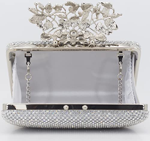 MagicLove Womens Evening Bag with Flower Closure Rhinestone Crystal Clutch Purse for Wedding Party Silver