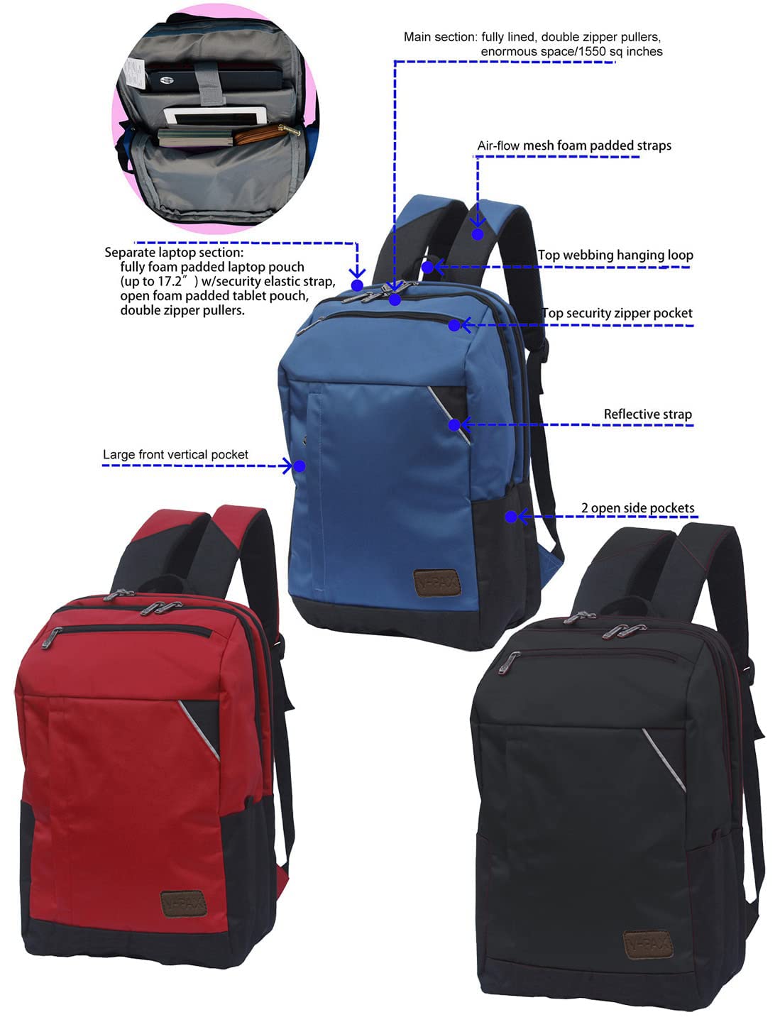 HYBRID Travel Laptop Backpack Computer Bag Stylish College School Backpack Navy/black 19 Inch