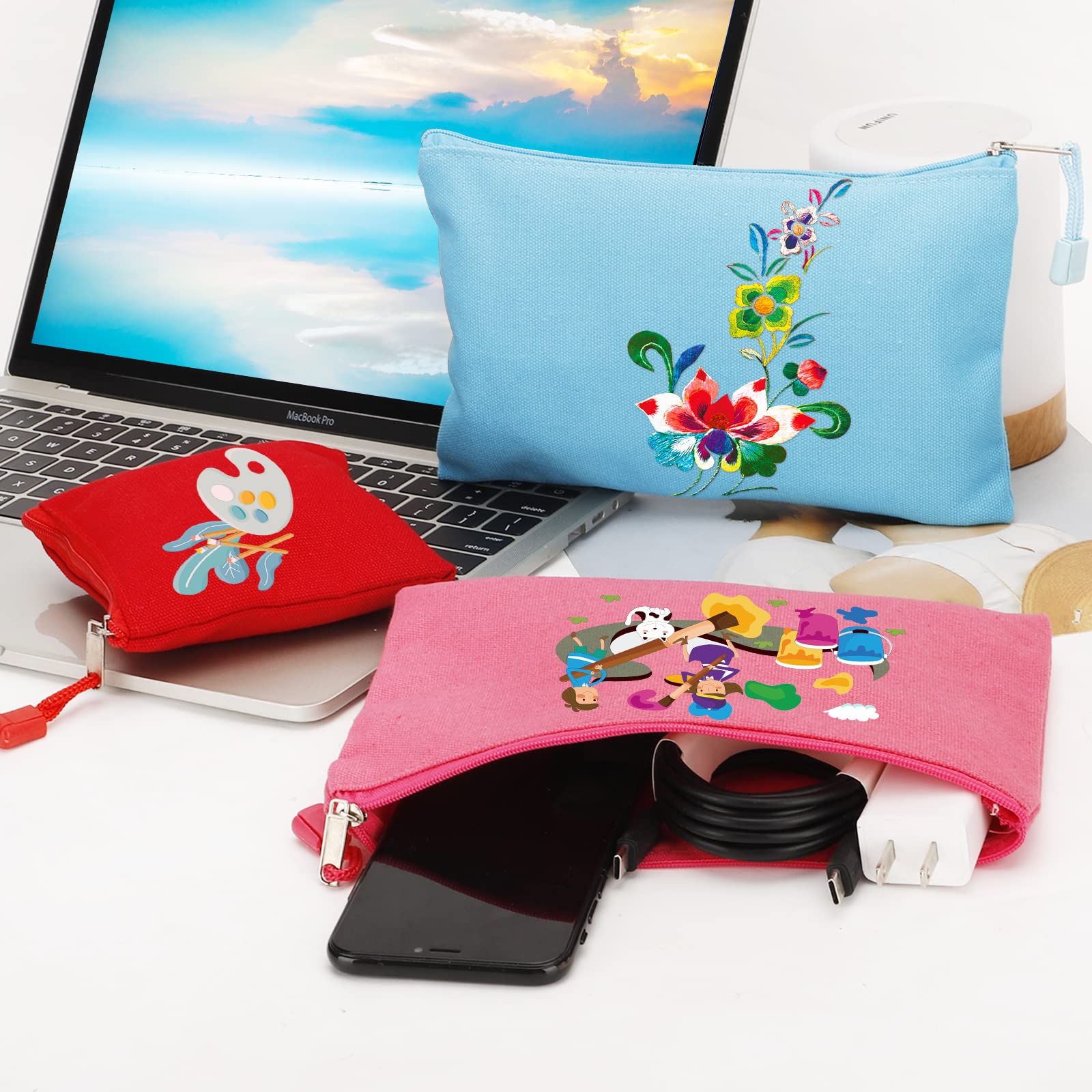 Fassave 12 Pack DIY Craft Cotton Canvas Bag, Multi-Purpose Cosmetic Bag Makeup Pouches with Zipper Travel Toiletry Bag Pen Pencil Bag (Multicolor, M), D003