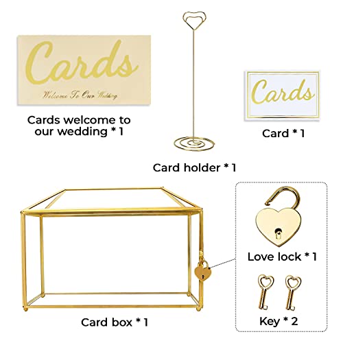 Ripprovt Glass Wedding Card Box with Lock, 12.6x5.9x9 inches Large Gold Card Boxes for Wedding Reception, Keepsake Display, Graduation, Party Centerpiece Decorative Box