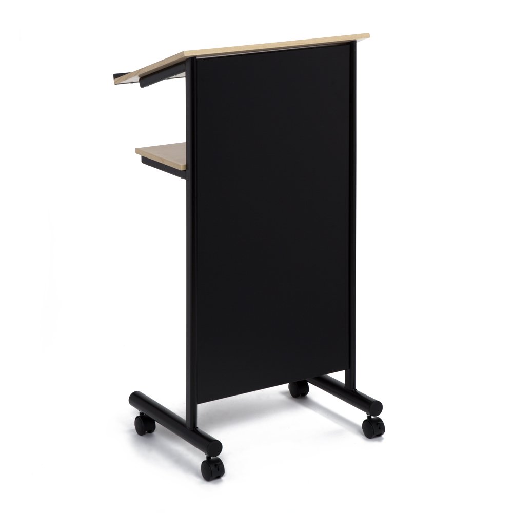 Audio-Visual Direct Wheeled Lectern - Standing Desk with Storage Shelf - Beech/Black - Ideal for Presentations and Laptop Use