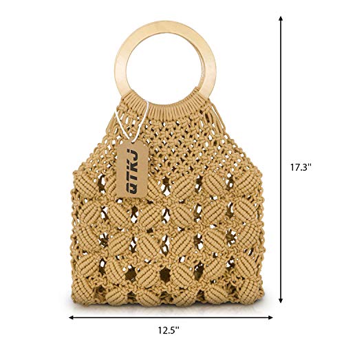 QTKJ Boho Women's Summer Beach Straw Crochet Bag Hollow Out Hand-Woven Cotton Tote Bag Purse with Wooden Round Handle (Khaki)