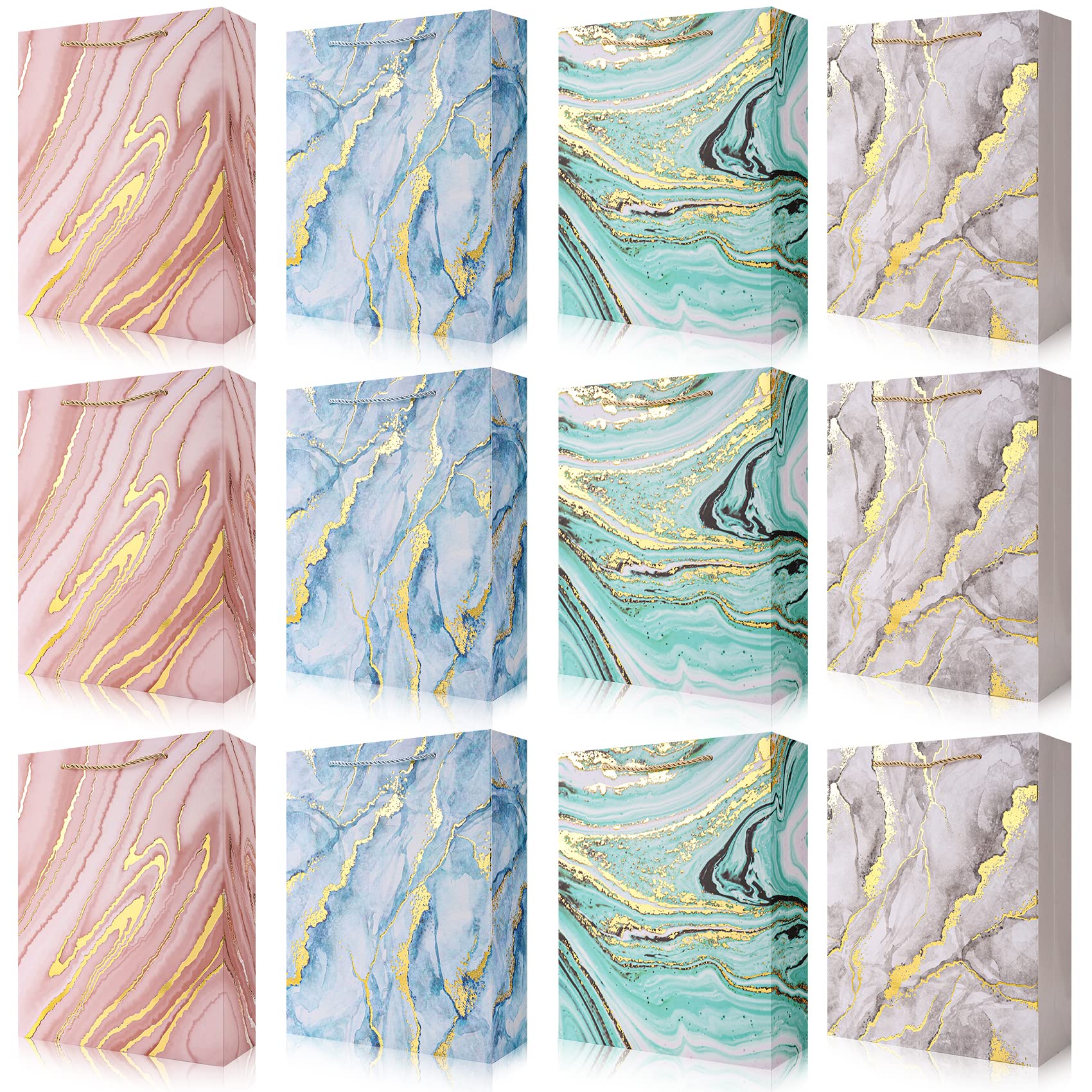Lancool 12Pack Gift Bag, Gift Bags Small Size, Premium Marble Gift Bags Medium Size, Gift Bags Small Size Bulk, 4 Assorted Designs Foil Gift Bags for Fathers Day, Baby Shower, Birthday, Wedding, Party Favors, 9.25Inch