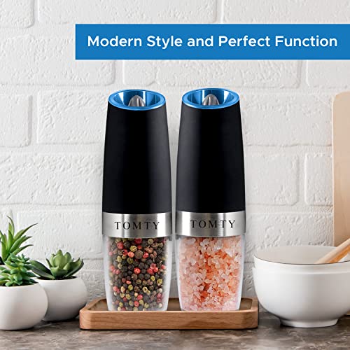 (2 Pack) Gravity Electric Salt and Pepper Grinder Set Battery Operated One Hand Automatic Operation, Adjustable Coarseness Mill Grinders Shakers LED Light Stainless Steel, Kitchen Gadgets Gifts Ideas