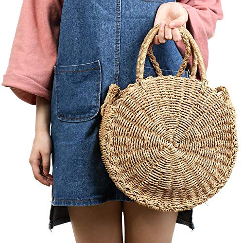 Gets Straw Beach Bag for Women Handmade Weave Straw Handbag Round Summer Shoulder Bag (2 Coffee Color)