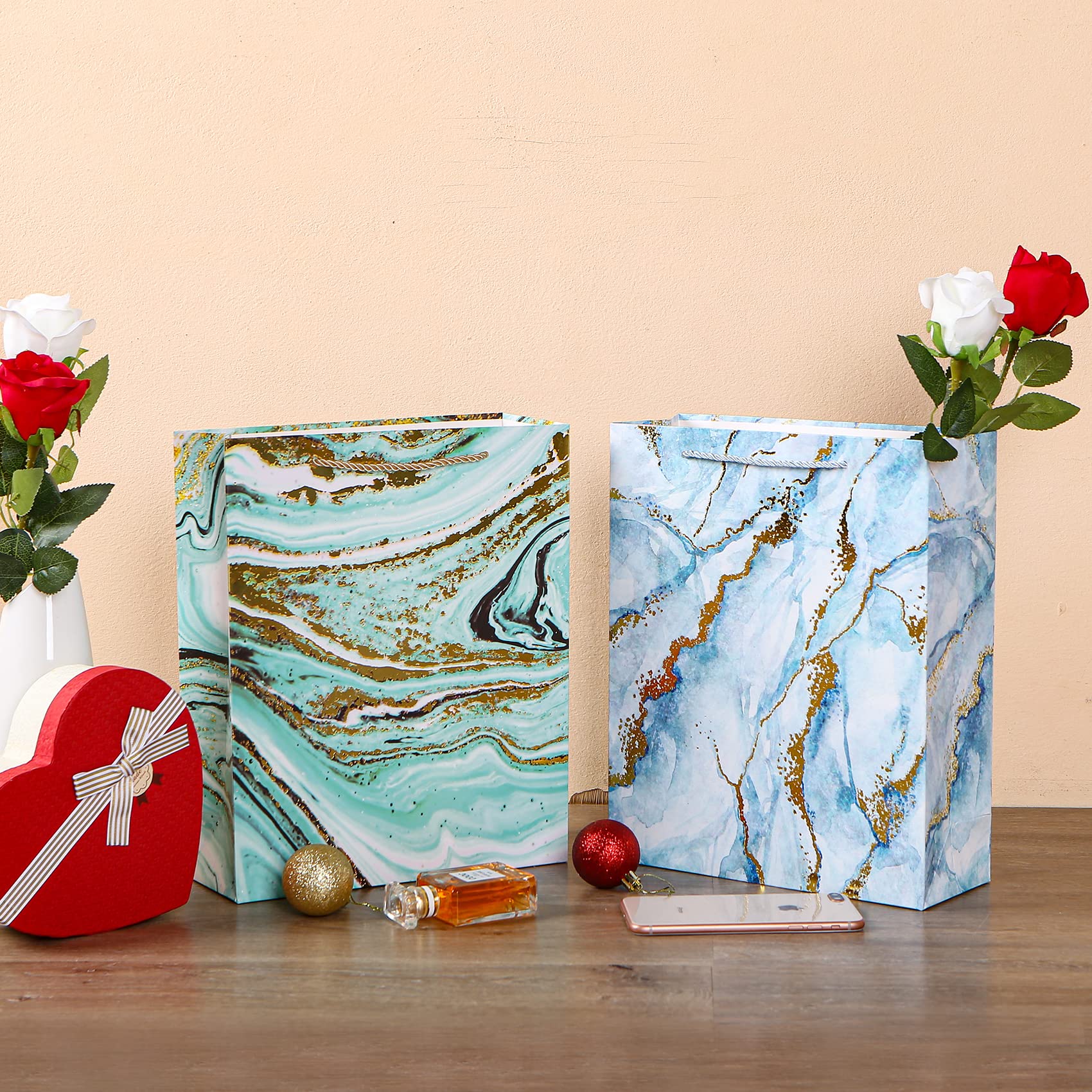 Lancool 12Pack Gift Bag, Gift Bags Small Size, Premium Marble Gift Bags Medium Size, Gift Bags Small Size Bulk, 4 Assorted Designs Foil Gift Bags for Fathers Day, Baby Shower, Birthday, Wedding, Party Favors, 9.25Inch