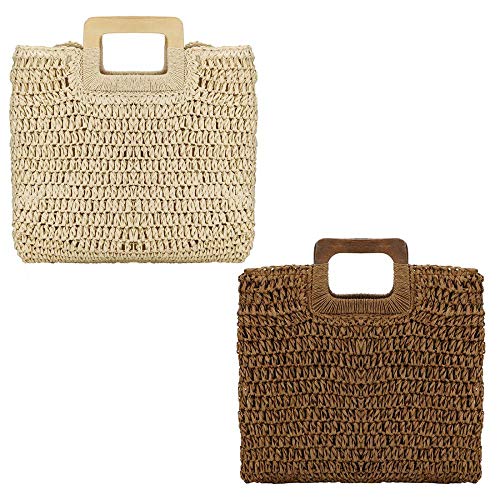 Women's Straw Tote Bag Handbags Beach Bag Exquisite Woven Fashion Large Rectangle Top Handle Bag Shopper Bag (Beige)