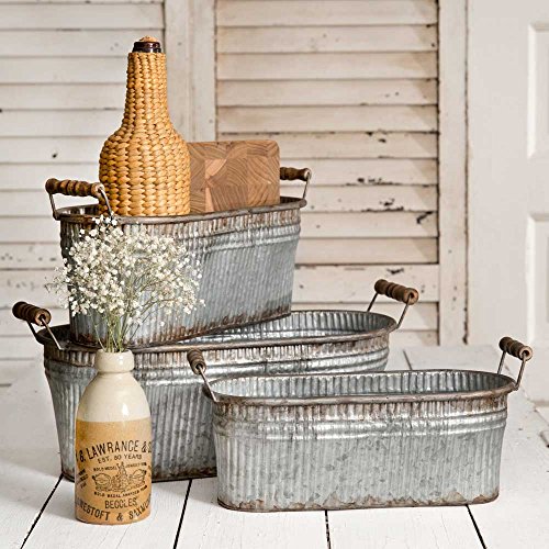 Set of Three Rustic Bins with Wood Handles