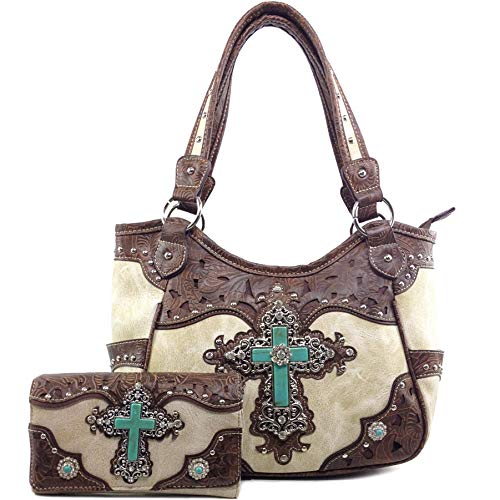 Zelris Turquoise Stone Cross Western Women Conceal Carry Tote Handbag Purse Set (Beige)