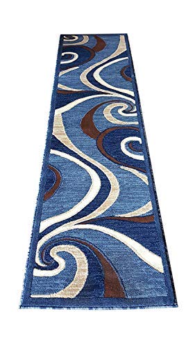 Modern Runner Contemporary Area Rug Blue Brown Carpet King Design 144 (2 Feet X 7 Feet 3 Inch)