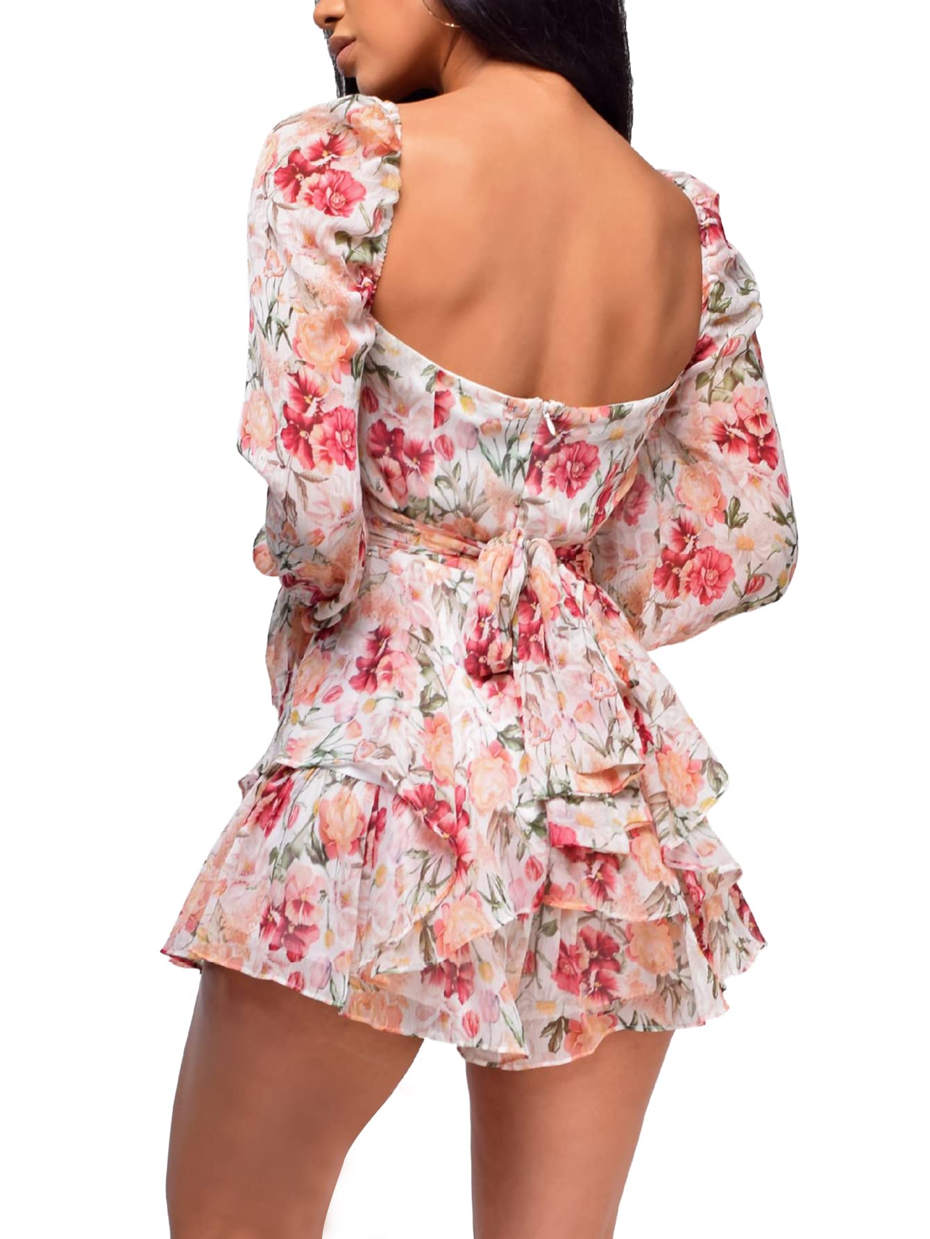 LYANER Women's Floral Print Off Shoulder Long Sleeve Ruffle Hem Romper Short Jumpsuit Floral Pink Medium