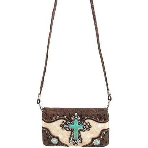 Zelris Turquoise Stone Cross Western Women Conceal Carry Tote Handbag Purse Set (Beige)