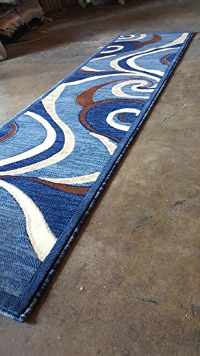 Modern Runner Contemporary Area Rug Blue Brown Carpet King Design 144 (2 Feet X 7 Feet 3 Inch)