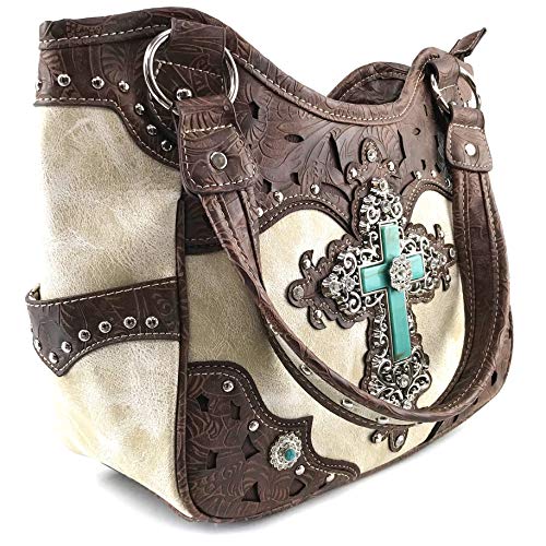 Zelris Turquoise Stone Cross Western Women Conceal Carry Tote Handbag Purse Set (Beige)
