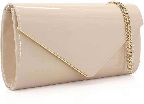 Dexmay Patent Leather Envelope Clutch Purse Shiny Candy Foldover Clutch Evening Bag for Women Nude
