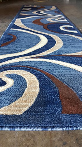Modern Runner Contemporary Area Rug Blue Brown Carpet King Design 144 (2 Feet X 7 Feet 3 Inch)