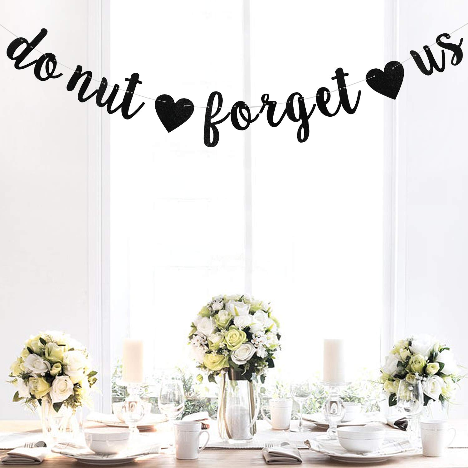 Black Glitter Donut Forget Us With Heart Banner - We Will Miss You Party Decorations - Going Away/Bachelorette/Moving Away Party Decoration Supplies