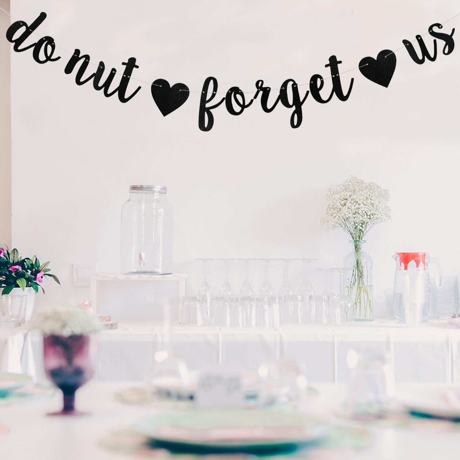 Black Glitter Donut Forget Us With Heart Banner - We Will Miss You Party Decorations - Going Away/Bachelorette/Moving Away Party Decoration Supplies