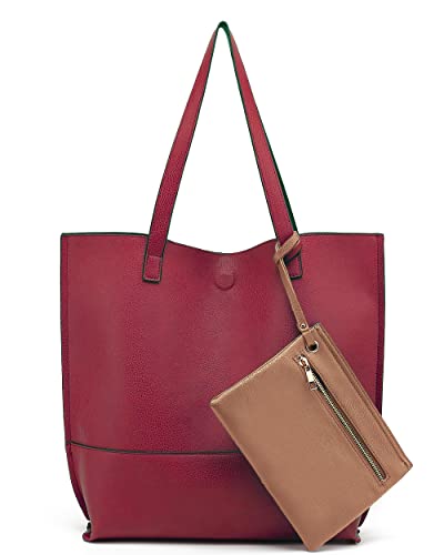 Scarleton Tote Bags for Women, Purses for Women, Handbags for Women, Reversible Travel Shoulder Bag with Pouch, H20182014 - Burgundy/Khaki