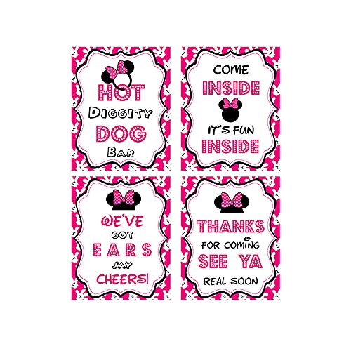 Minnie Mouse Birthday Decoration Signs | 4 Different Party Signs | 8 x 10 inch Minnie Mouse Party Supplies Birthday Sign Printed in Card stock | Minnie Mouse Clubhouse Inspired Door Signs | Food Labels Disney Decorations Hot Dog Bar Decor